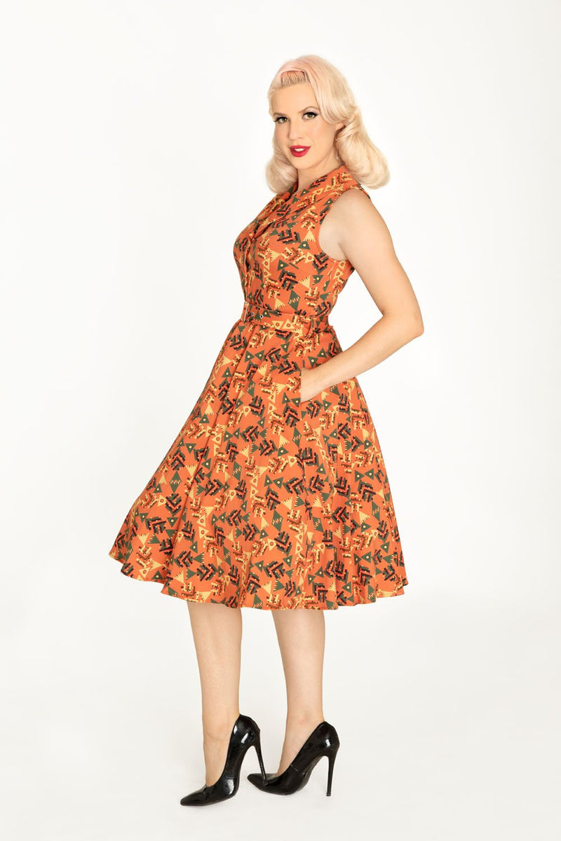Miss Lulo Jani Geometric Fish Swing Dress Coral Rust – Pinup Parlor ...